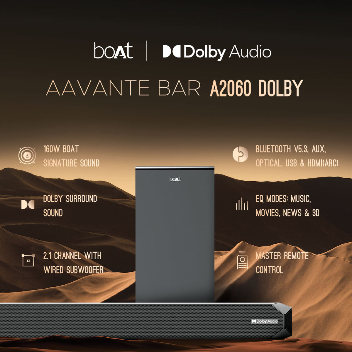 boAt Aavante Bar A2060 Dolby - 160W 2.1 Channel Soundbar with Dolby Audio